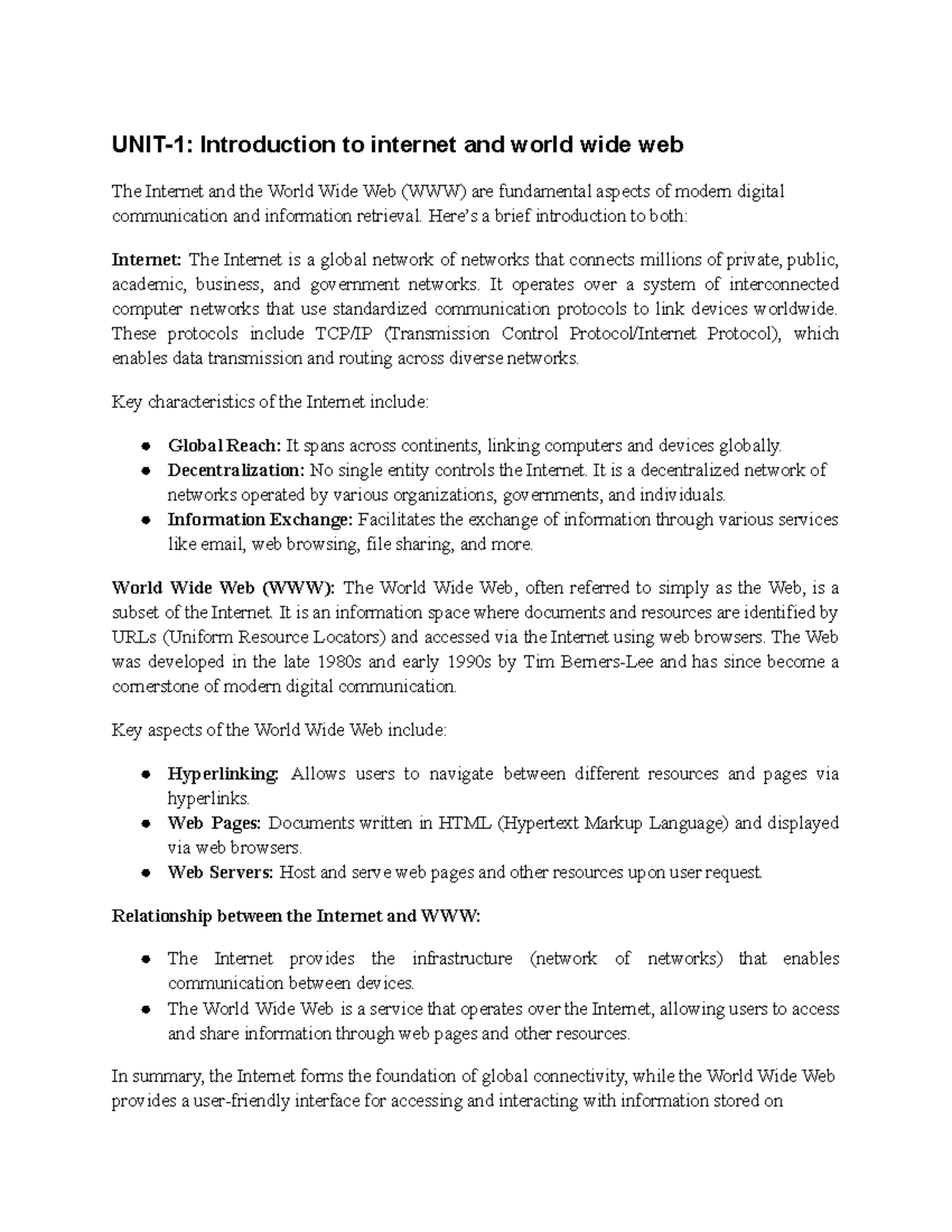 UNIT-1: Introduction to Internet & World Wide Web Concepts - Studocu