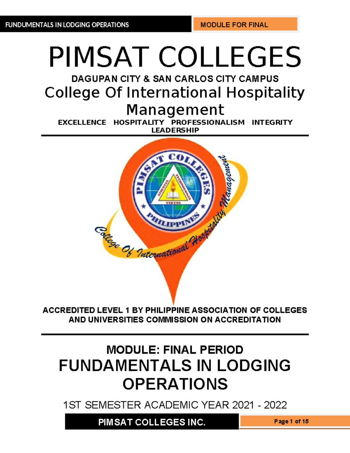 Fundamentals in Lodging Operations - Final Exam PIMSAT Colleges - Studocu