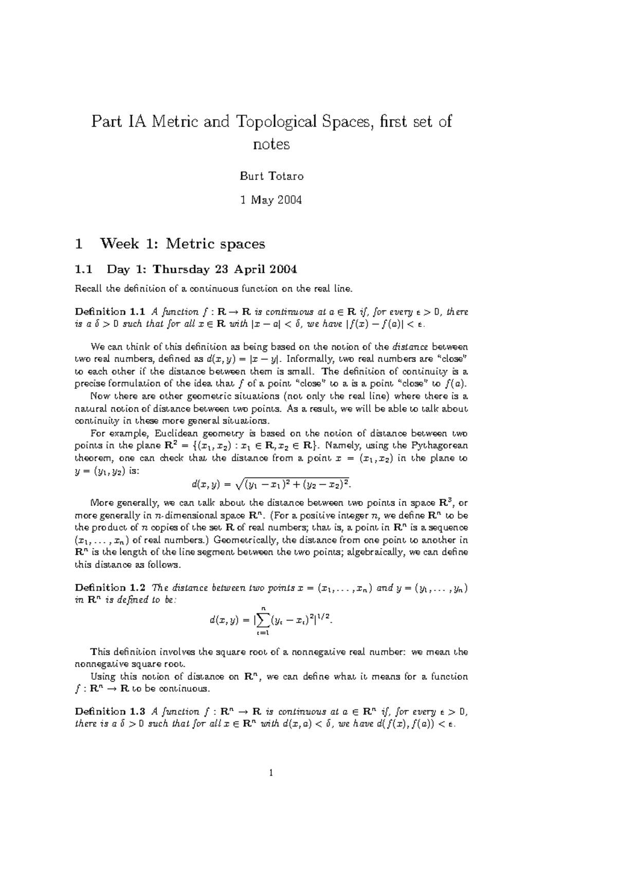 Metric Spaces and Topology: Part II Notes (Course Code: IA) - Studocu