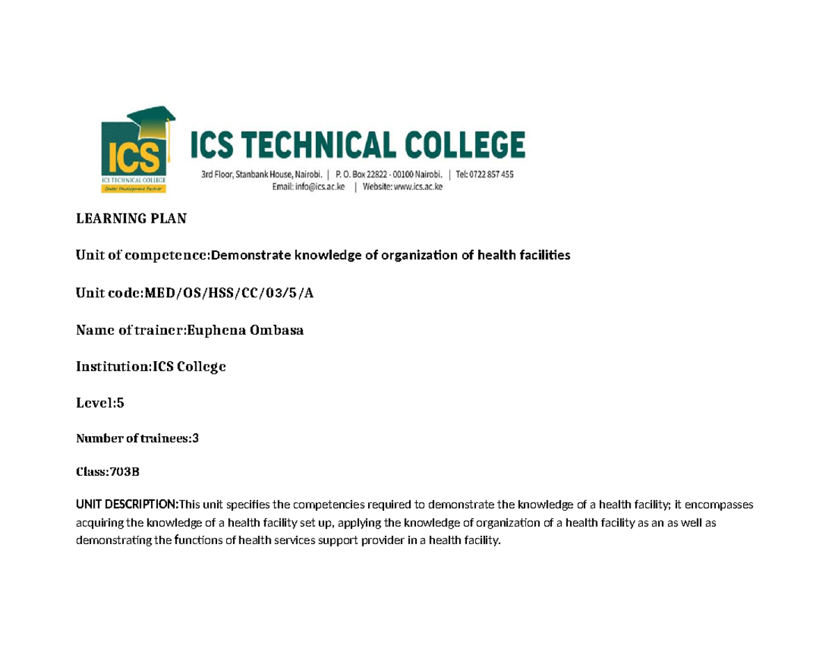 Training Plan: Organization of Health Facilities (Level 5, Class 703B ...