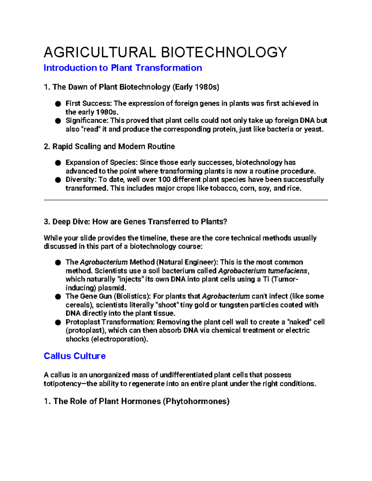 AGRICULTURAL BIOTECHNOLOGY: Intro to Plant Transformation Techniques ...