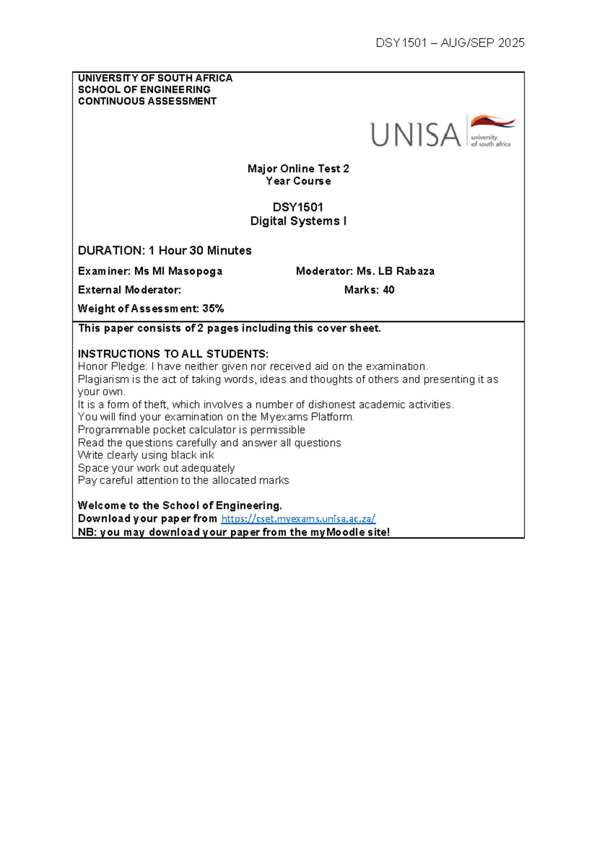 DSY1501 Major Online Test 2 - Digital Systems I (2025) - Studocu