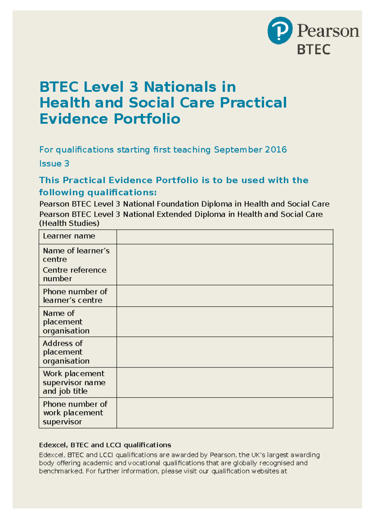 Practical Evidence Portfolio for BTEC Level 3 Health & Social Care ...