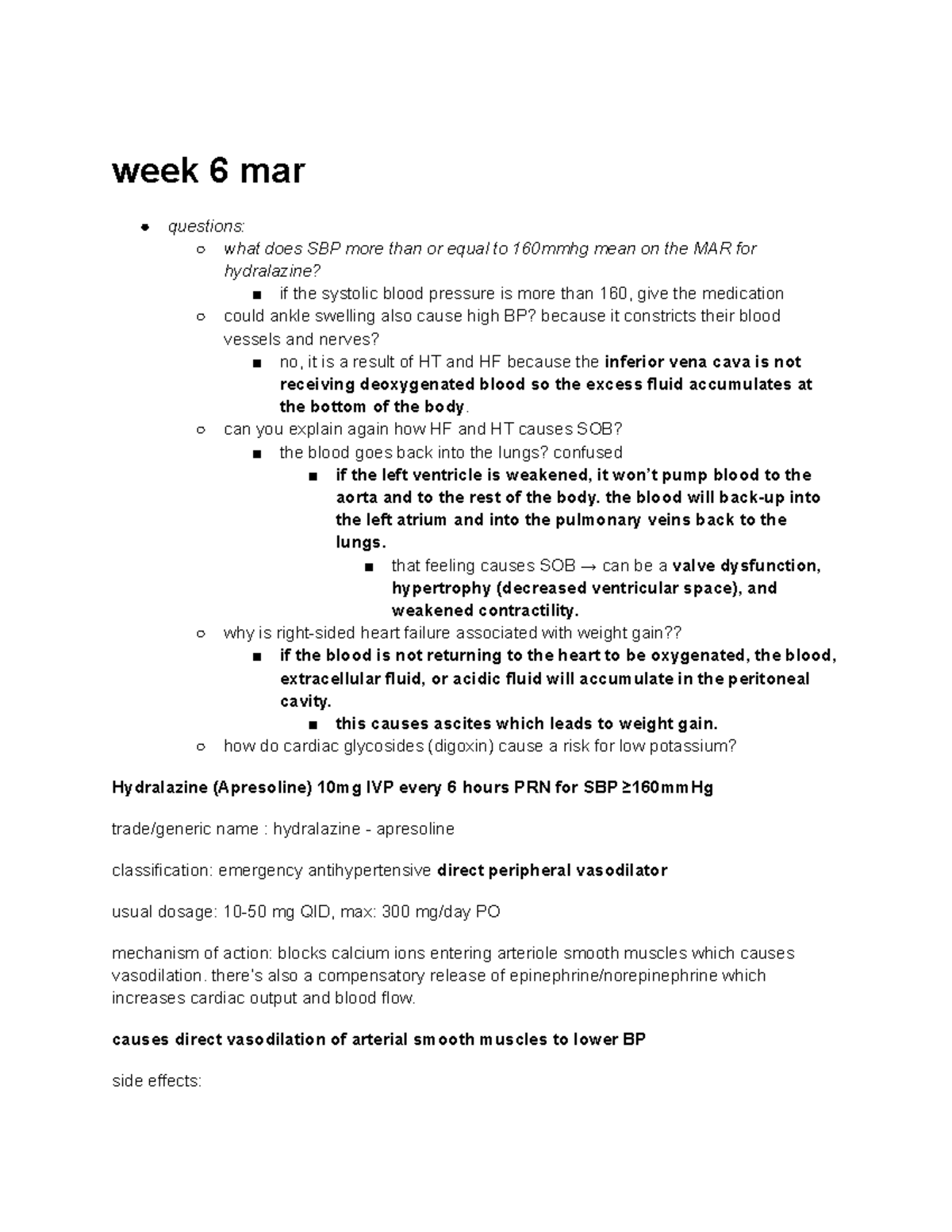 Week 6 - Hydralazine & Digoxin Management for Hypertensive Crisis - Studocu