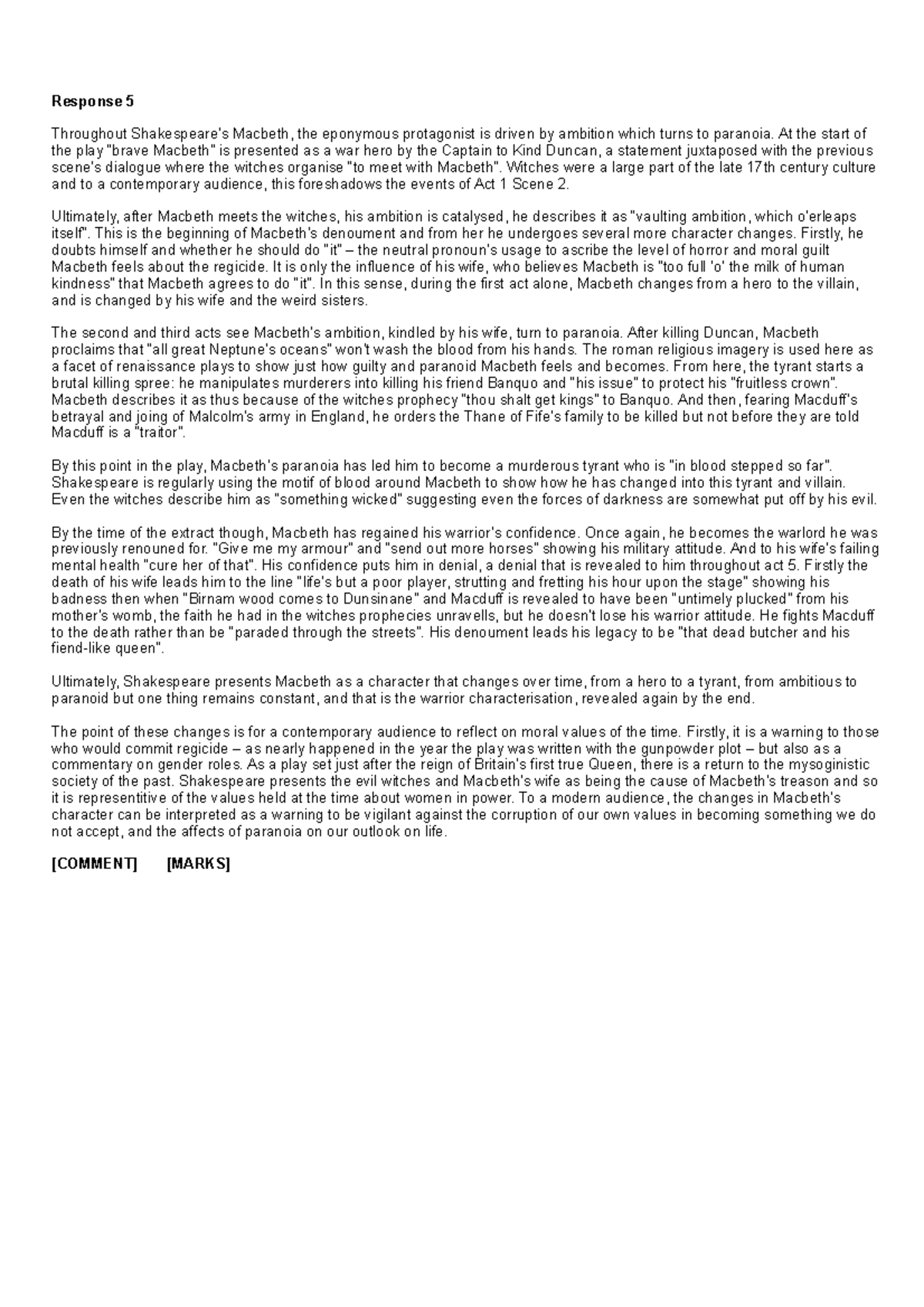 Level 6 Macbeth response 2023 AQA - Response 5 Throughout Shakespeare’s ...
