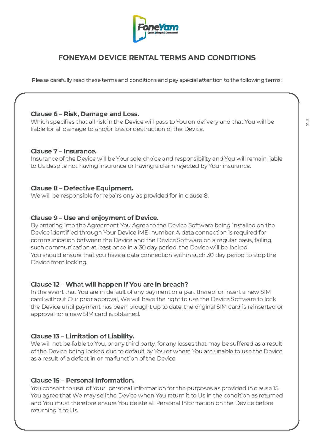 FoneYam Device Rental Terms & Conditions: Read Before Renting - Studocu