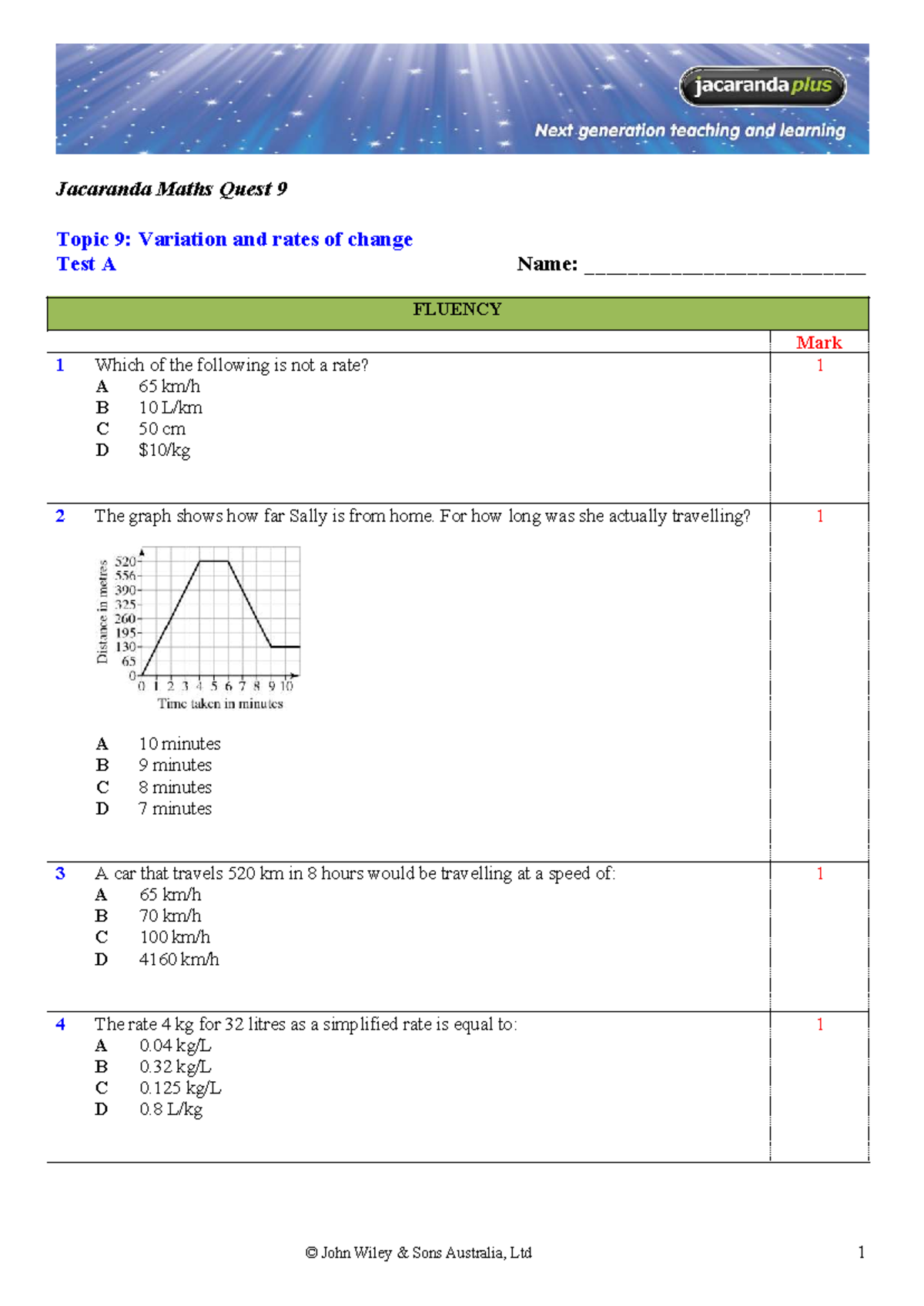 Maths Quest 9: Variation and Rates of Change Test A - Studocu