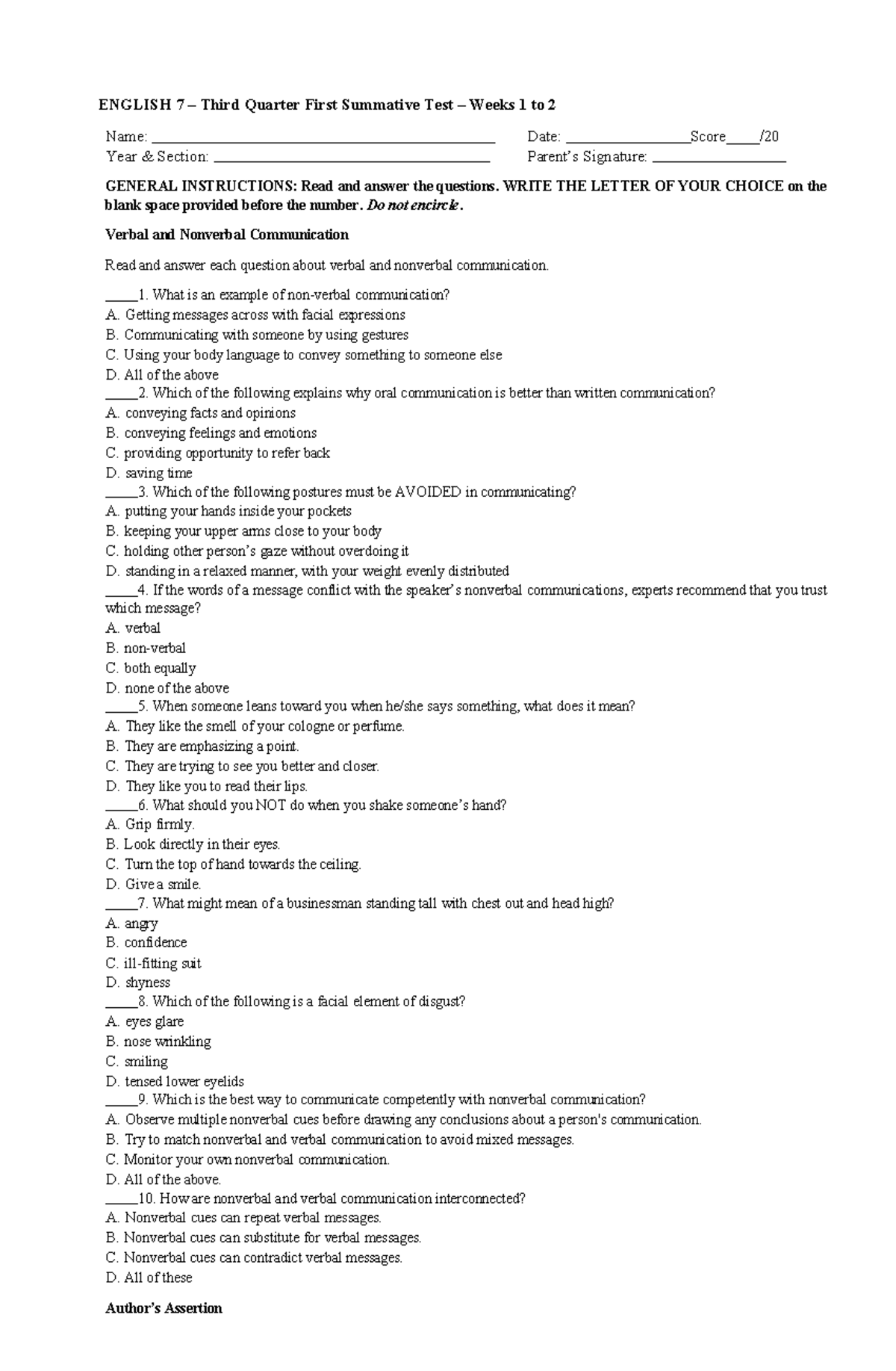 English 7 third quarter first summative test weeks 1 to 2 - ENGLISH 7 ...