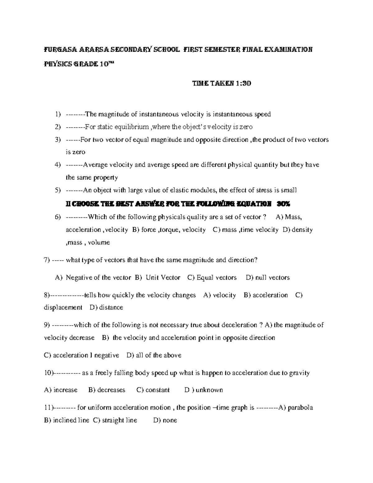 Grade 10 Physics Final Exam 2025 - Furgasa Ararsa Secondary School ...