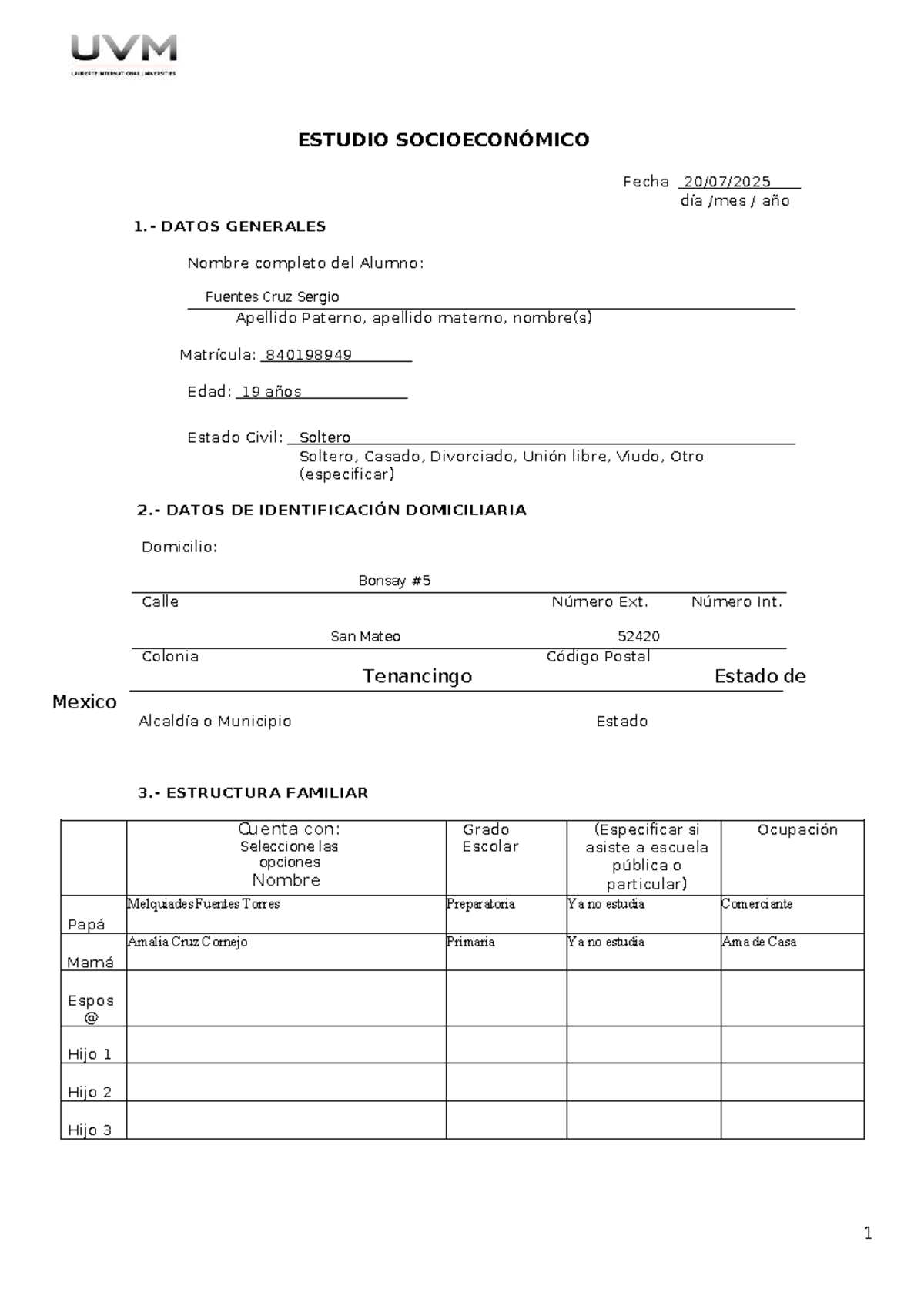 SFC. Estudio Socioeconómico de Fuentes Cruz Sergio - Datos Generales ...
