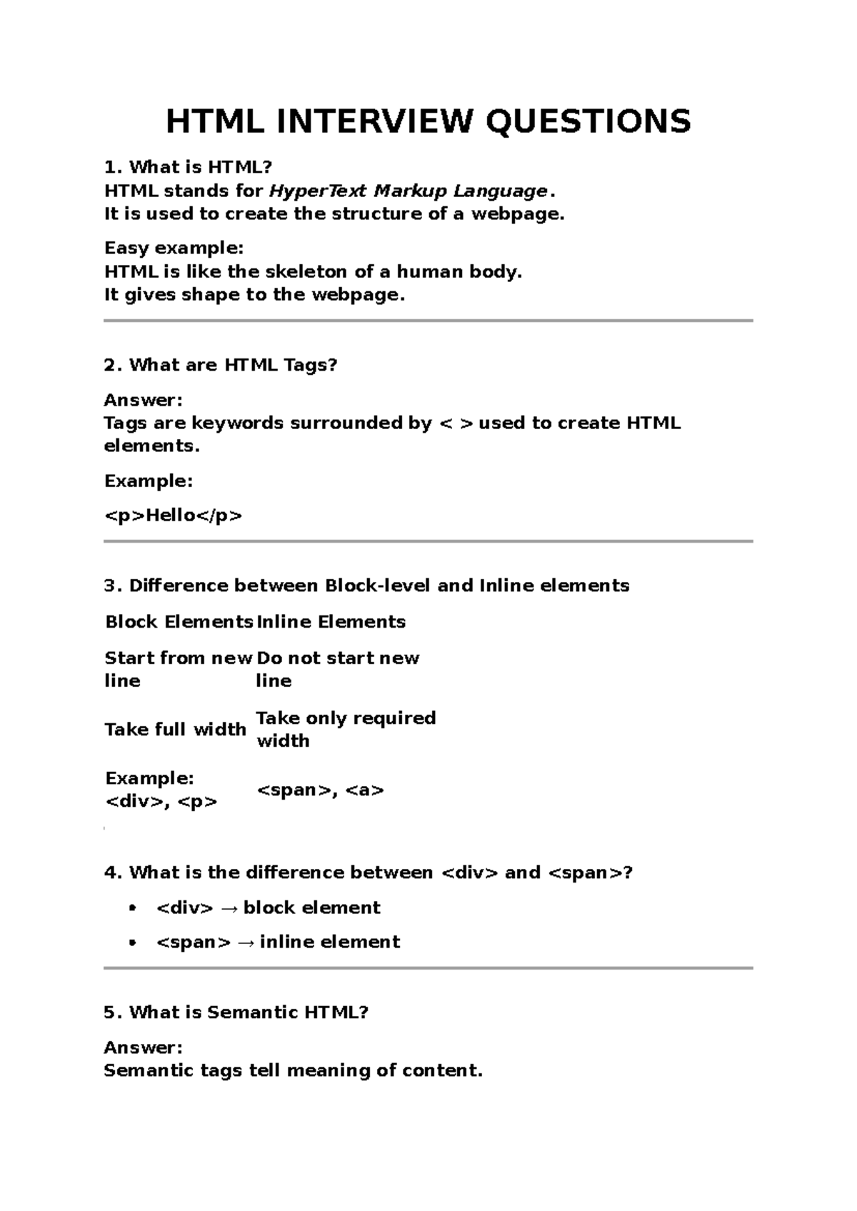 HTML Interview Questions and Answers for Job Prep - Studocu