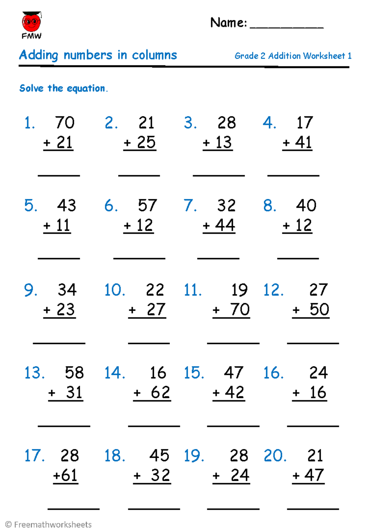 Grade 2 Addition Worksheet 1: Column Addition Practice - Studocu