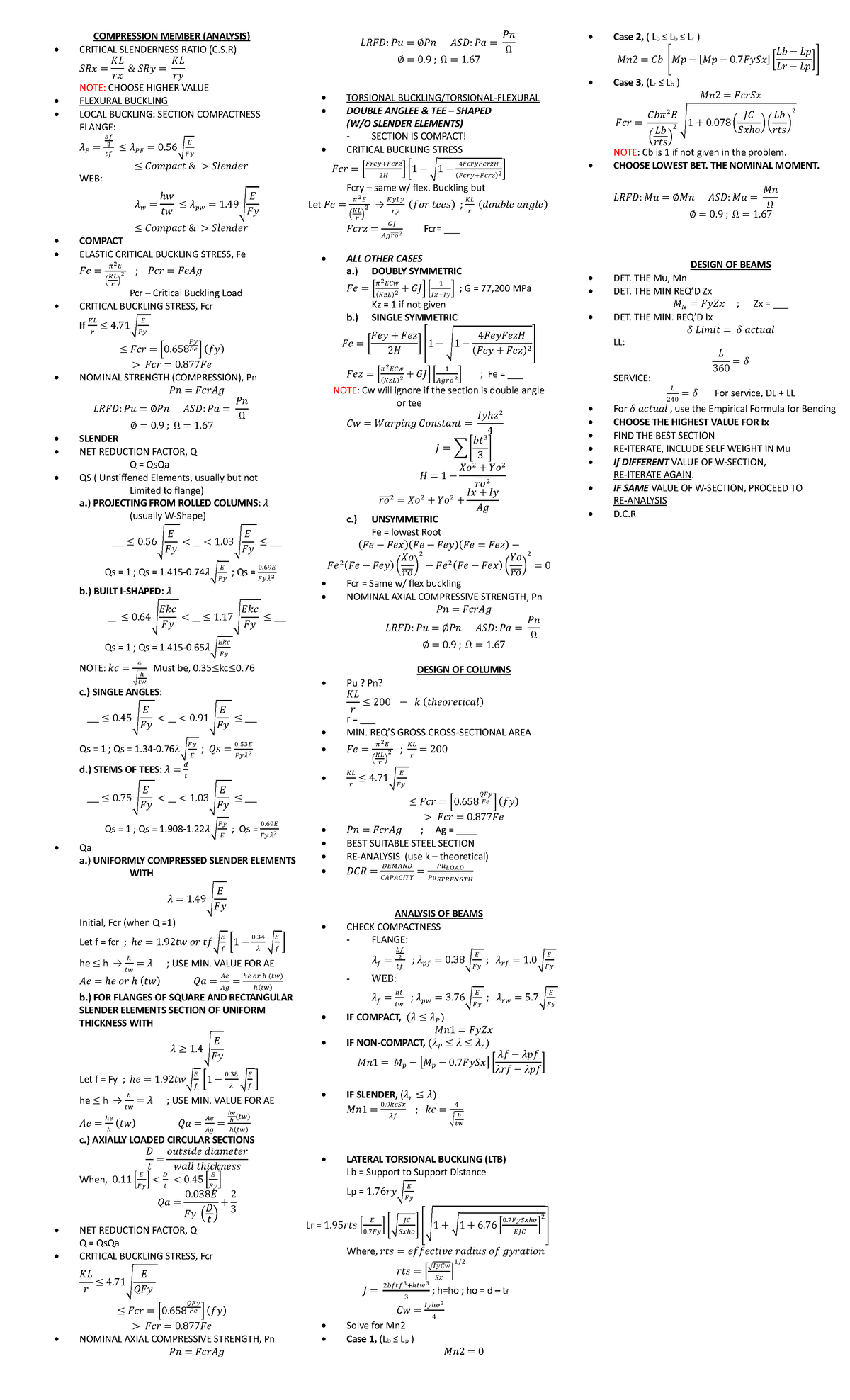 Compression Member Analysis and Formula Sheet for Steel Structures ...