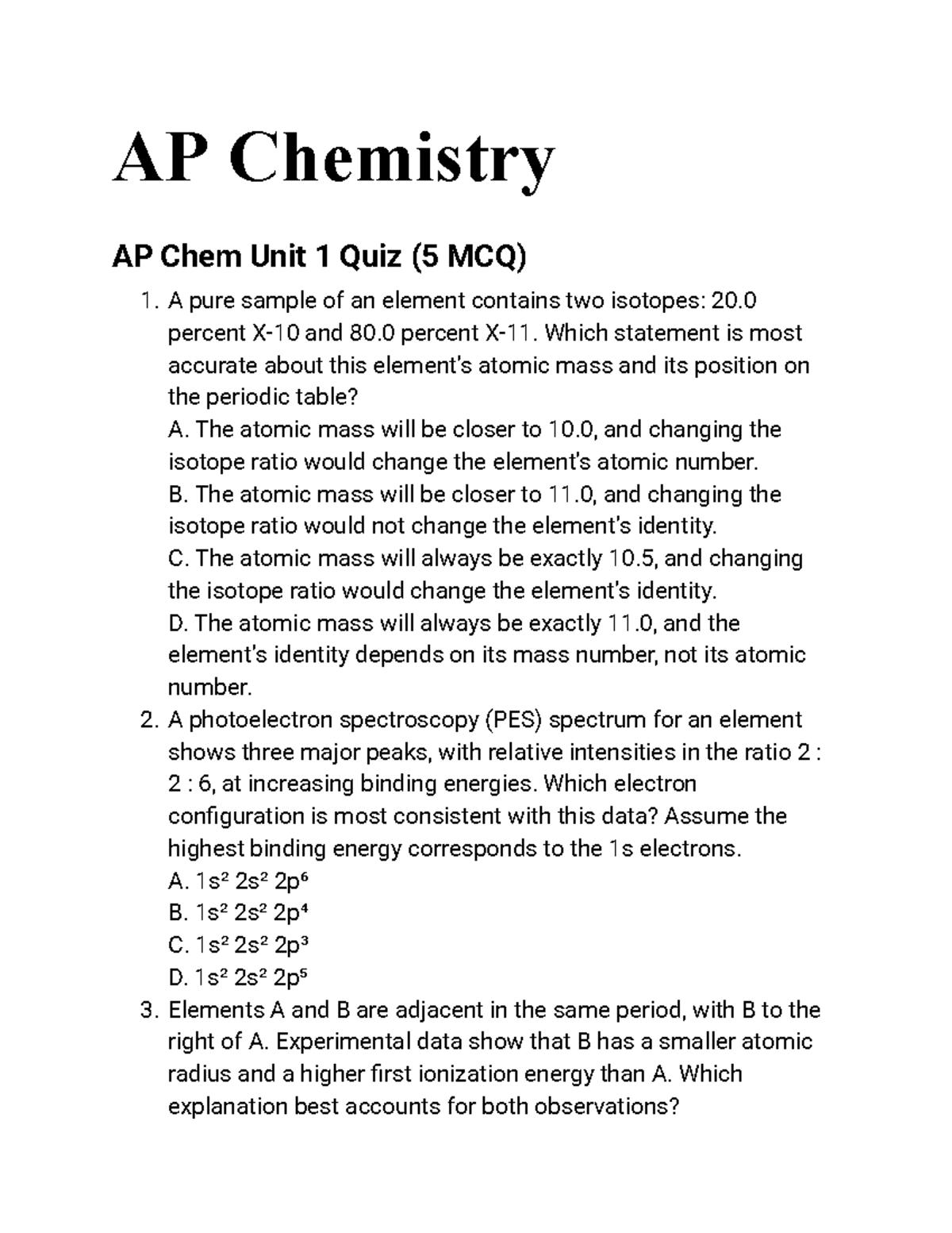 AP Chem Unit 1 Mini Quiz: Isotopes & Electron Configurations - Studocu