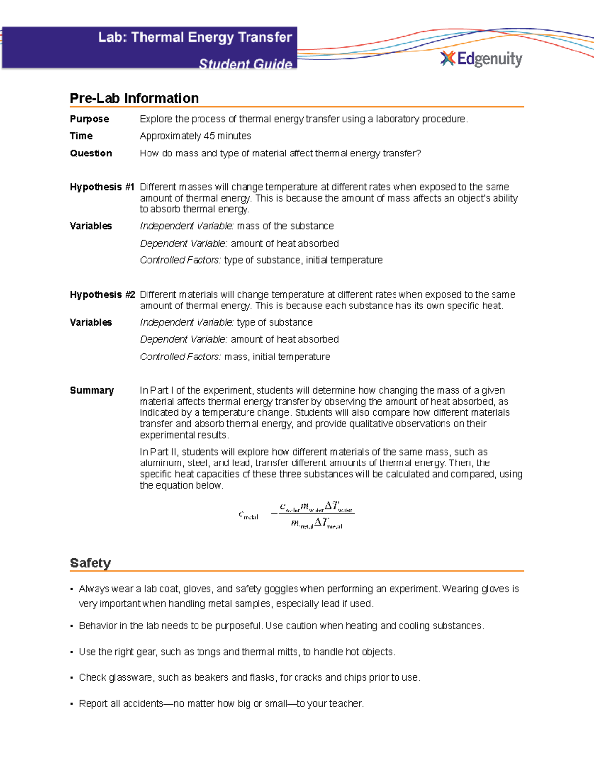 Lab 101: Thermal Energy Transfer Student Guide and Experiment Steps ...