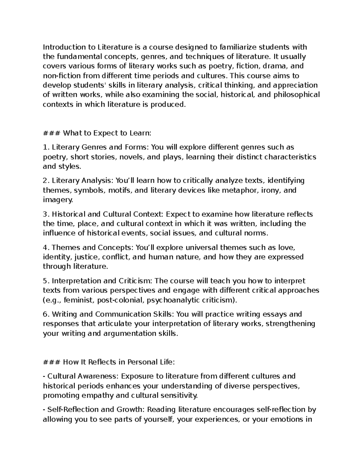 Introduction to Literature (ENG101): Key Concepts and Skills Overview ...