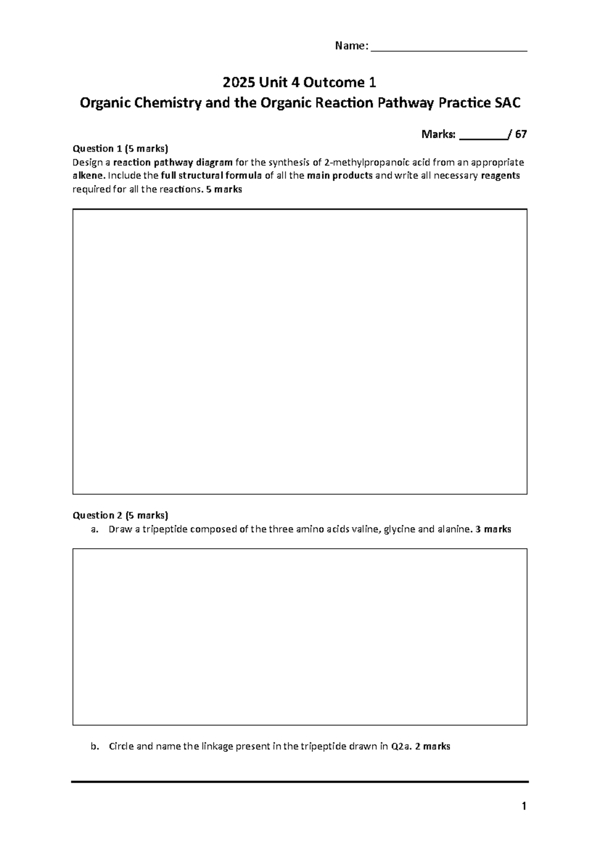 U4 Organic Chemistry Outcome 1 Practice SAC Questions - Studocu