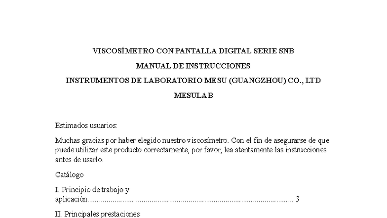 Manual de Instrucciones del Viscosímetro Digital SNB - MESU Lab - Studocu