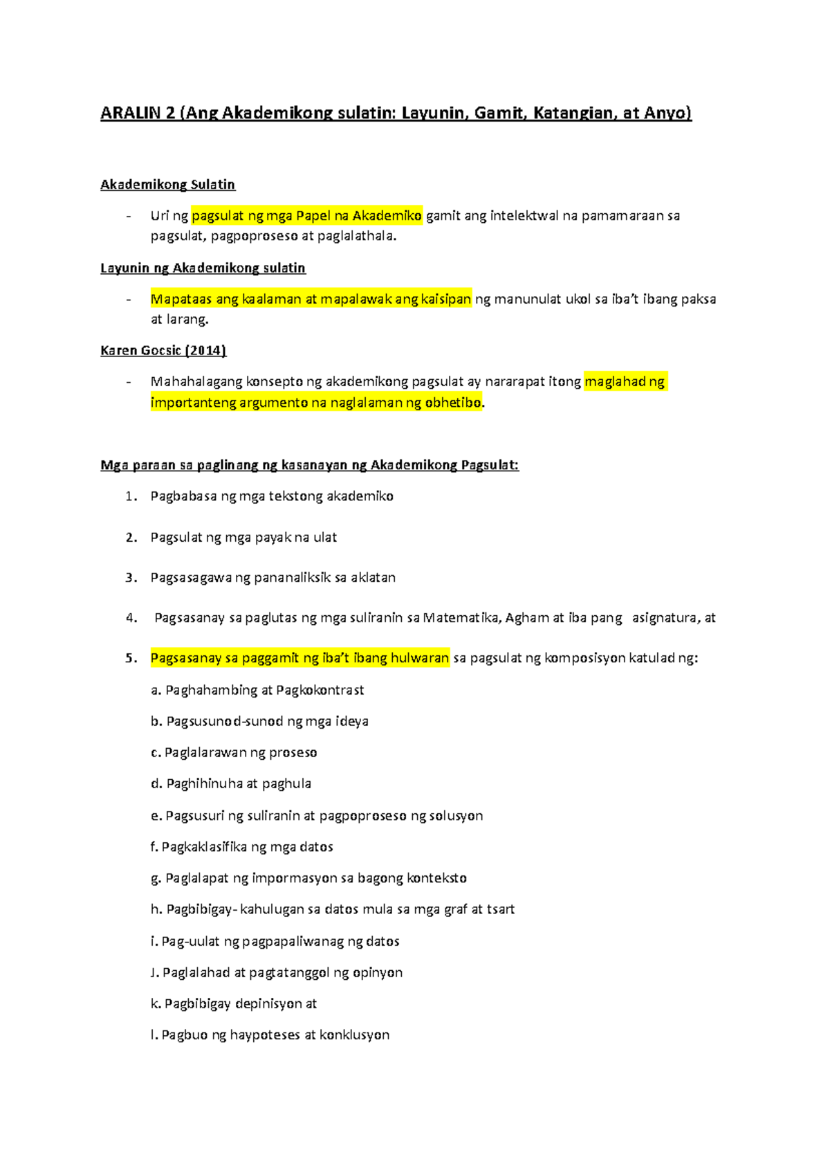 Aralin 2 (FPL): Akademikong Sulatin - Layunin, Gamit, at Katangian ...