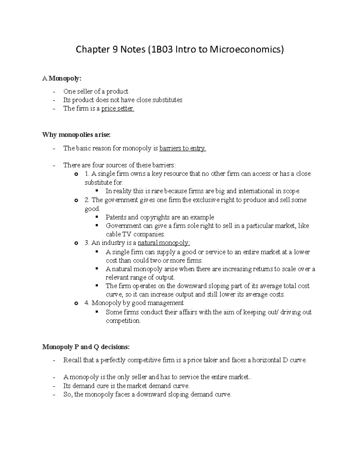 Chapter 9 Notes: Understanding Monopoly (1B03 Intro to Microeconomics ...