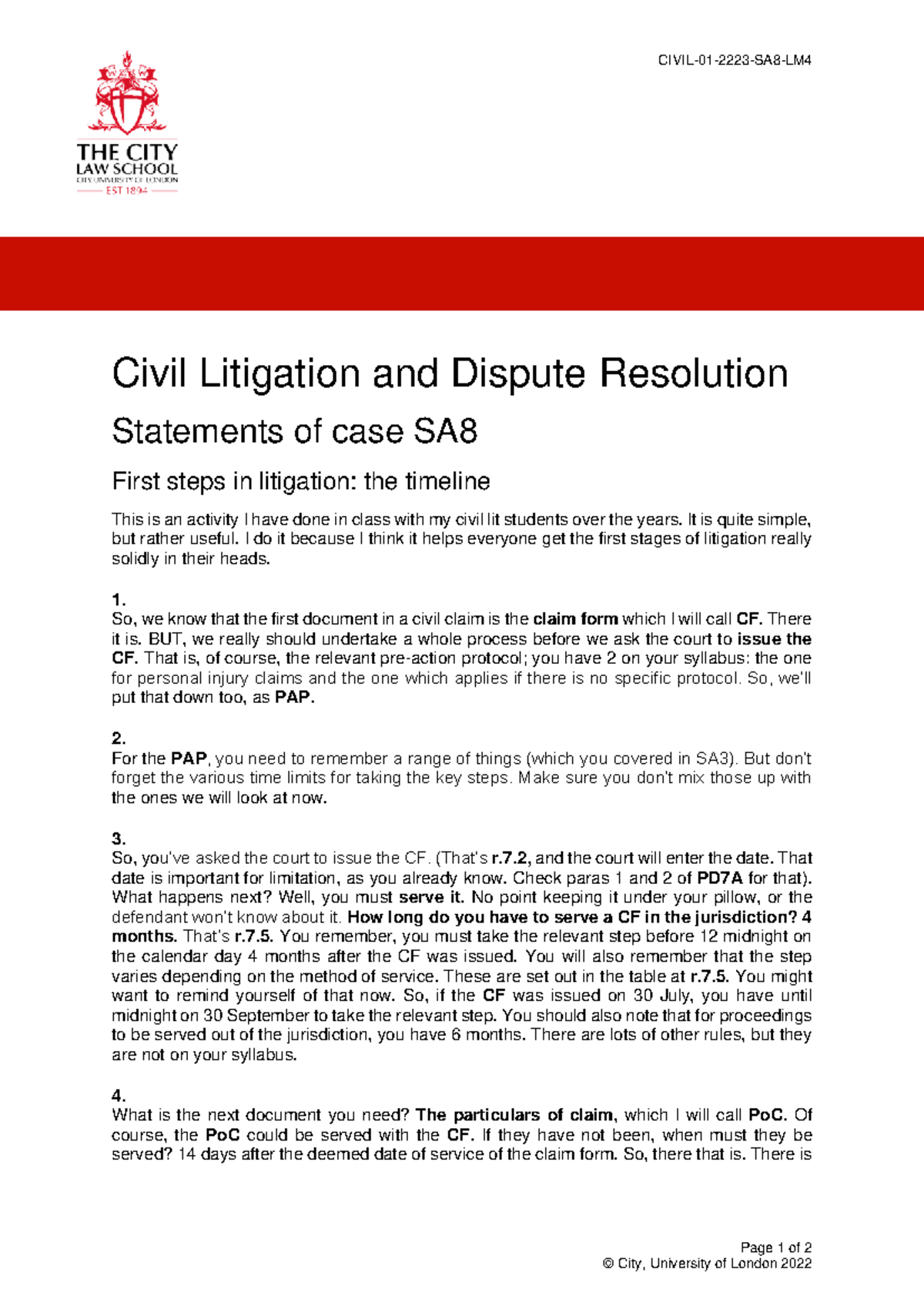 Litigation steps timeline - CIVIL-01-2223-SA8-LM Page 1 of 2 © City ...