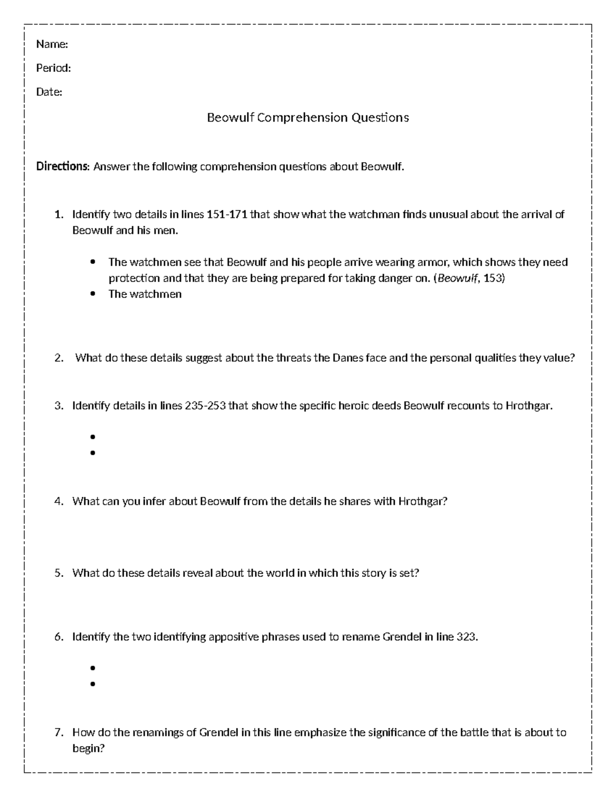 Unit 1: Beowulf Comprehension Questions and Answers - Studocu