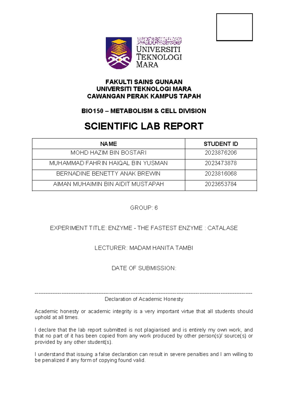 BIO150 - Metabolism & Cell Division Lab Report on Enzyme Activity - Studocu