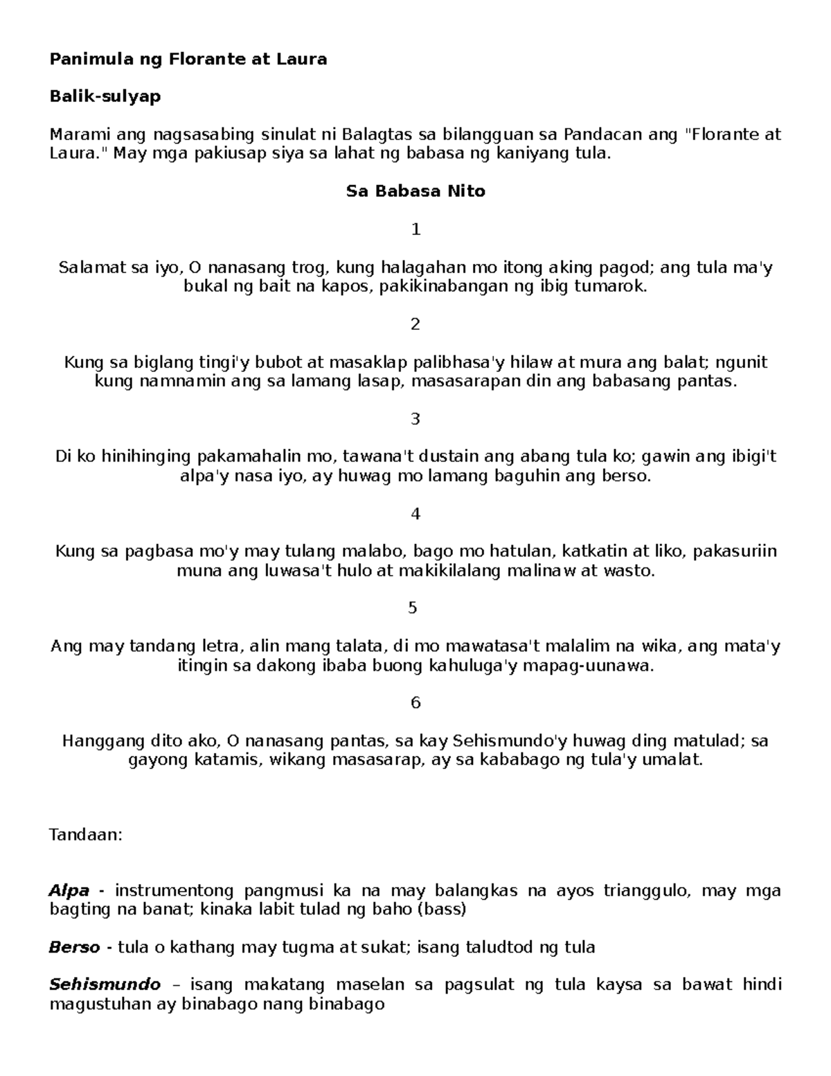 Panimula sa Florante at Laura: Salin at Pagsusuri ng mga Taludtod - Studocu