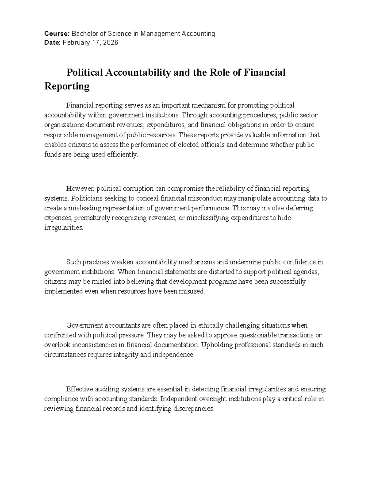 BSc Management: Political Accountability & Financial Reporting Insights ...