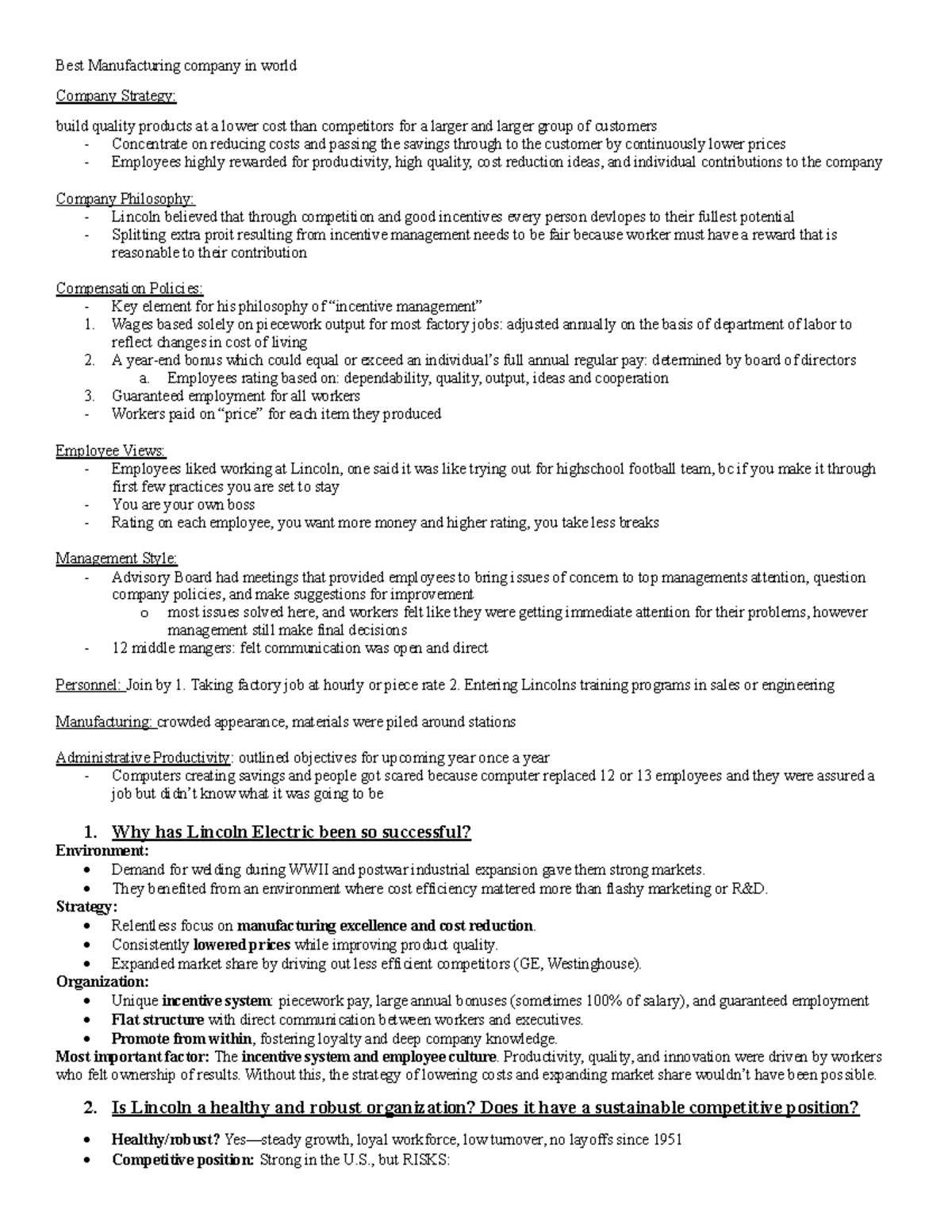 Electric Case Study Notes: Lincoln's Manufacturing Strategy and Success ...