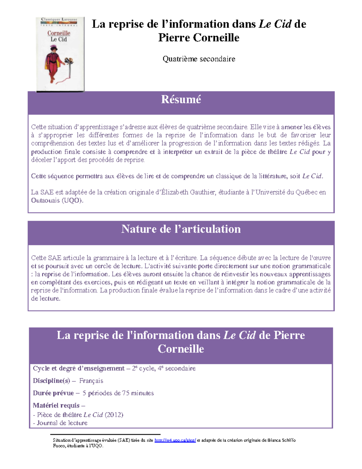 SAE 4e Sec - Reprises d'Information dans Le Cid de Corneille - Studocu