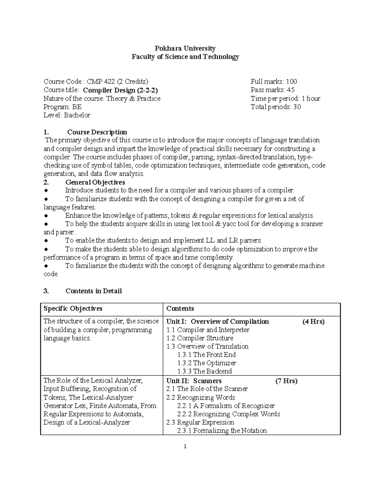 CMP 422 Compiler Design - Course Syllabus and Overview - Studocu