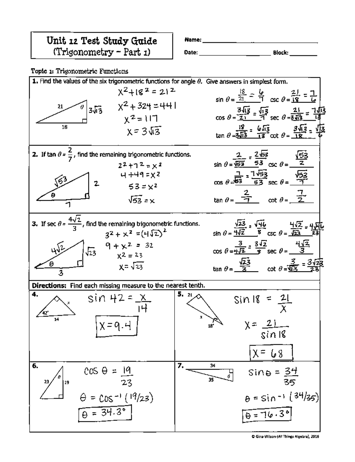 Unit 12 Test Study Guide: Trigonometry - Part 1 - Studocu