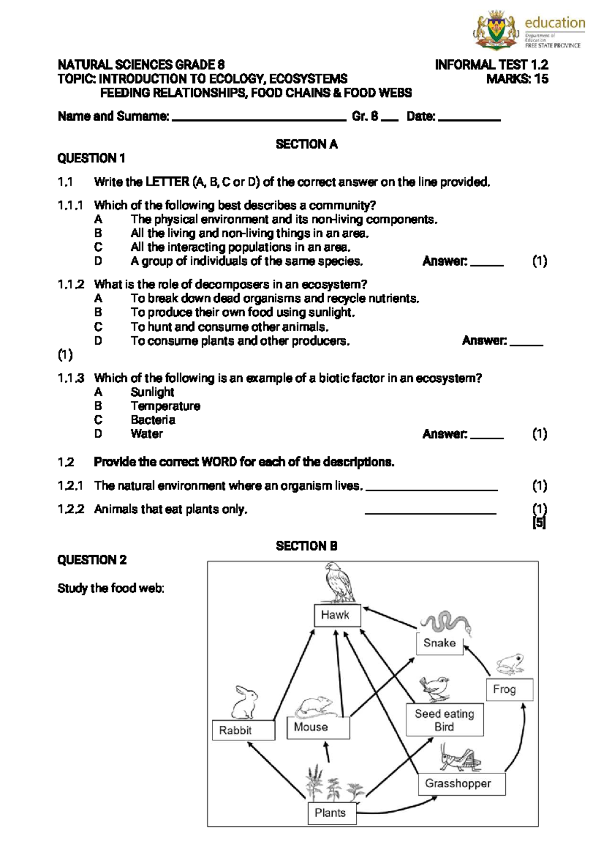 NS Gr 8 Informal Test 1.2: Intro to Ecology & Ecosystems - Studocu