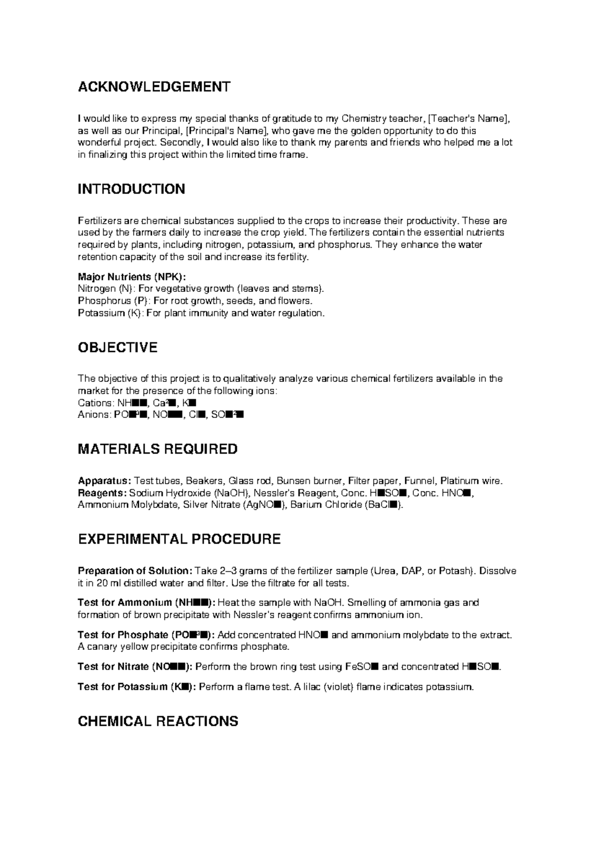 Chemistry Project: Qualitative Analysis of Fertilizers - Studocu