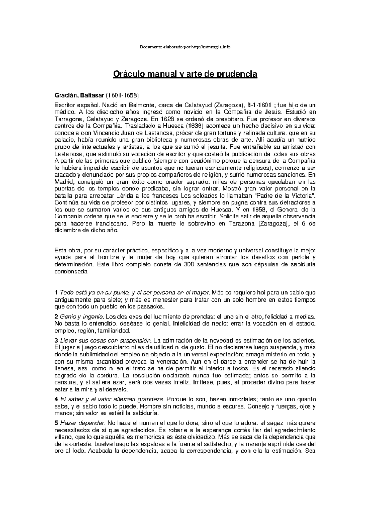 Arte de la Prudencia: Reflexiones de Baltasar Gracián - Studocu