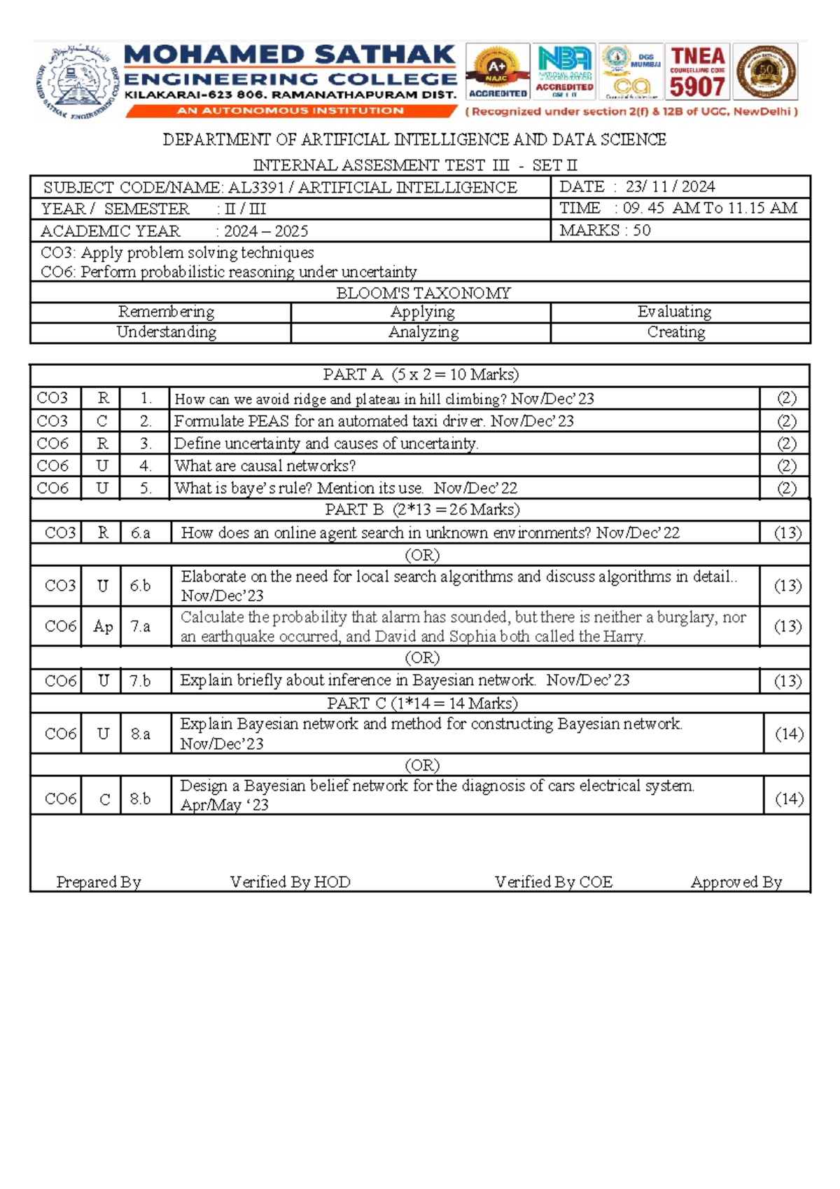 AL3391 - Artificial Intelligence iat-3 Set - 2 - DEPARTMENT OF ...