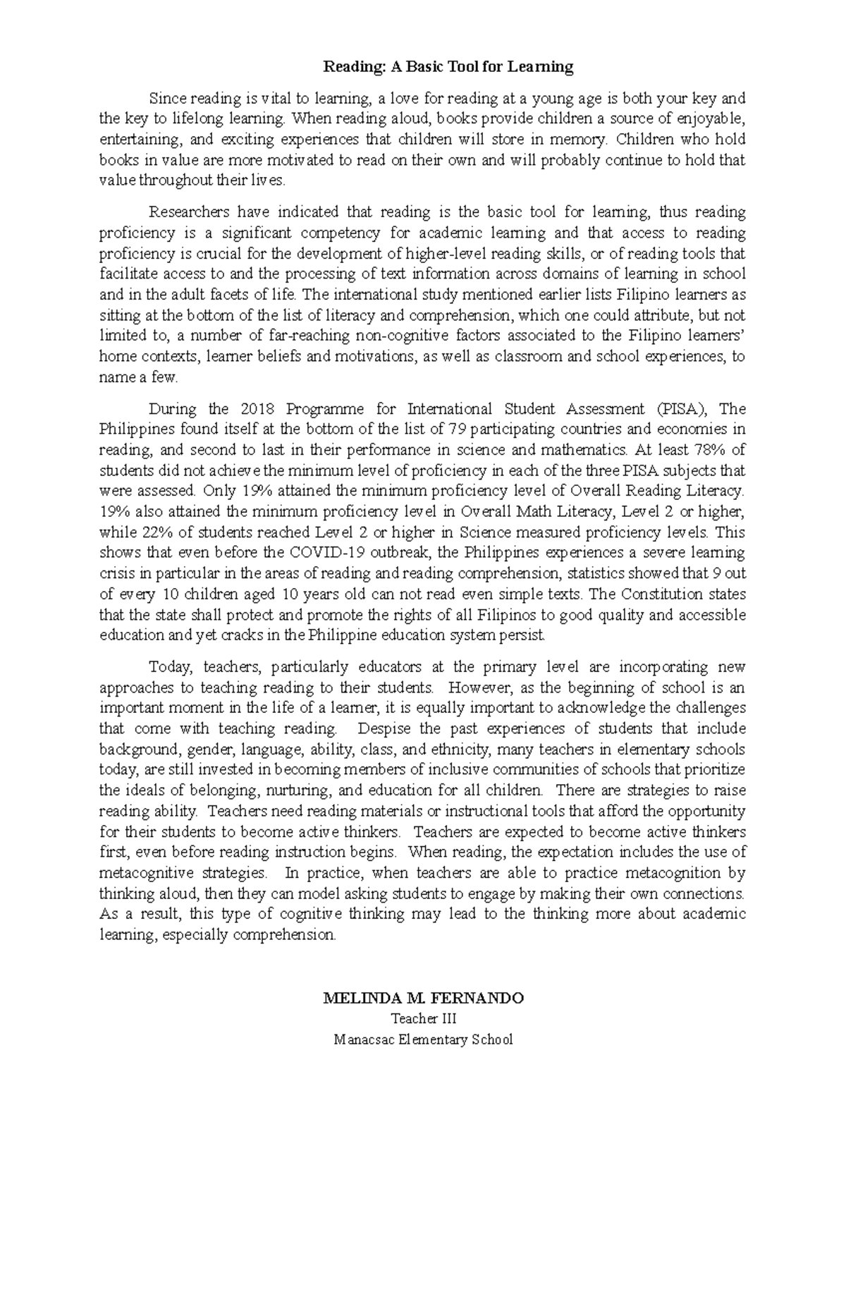 Article Melinda Fernando Reading-A-Basic-Tool-for-Learning - Reading: A ...