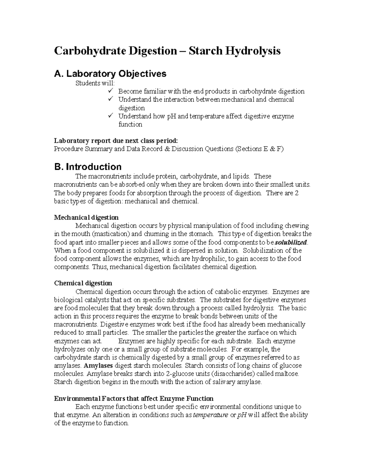 CHO 101 - Carbohydrate Digestion Lab Report and Procedures - Studocu