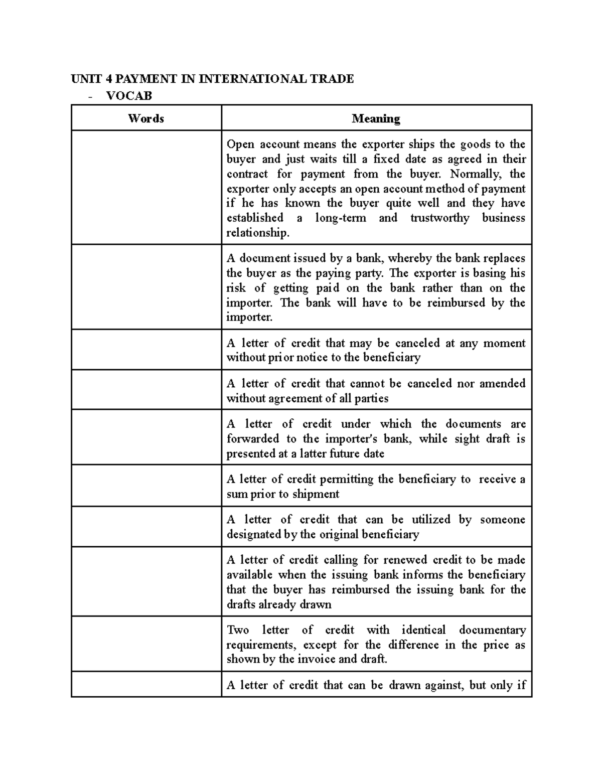 Unit 4 & 5: Payment Methods in Int'l Trade and Marketing Vocabulary ...