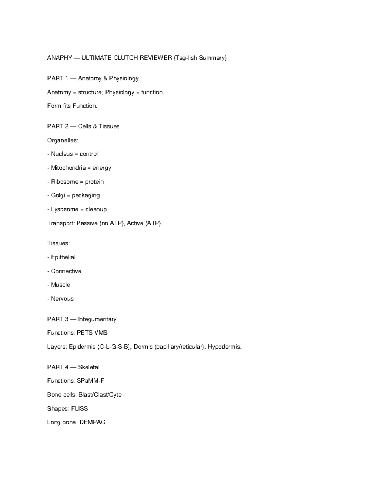 ANAPHY ULTIMATE CLUTCH REVIEWER: Anatomy & Physiology Summary - Studocu