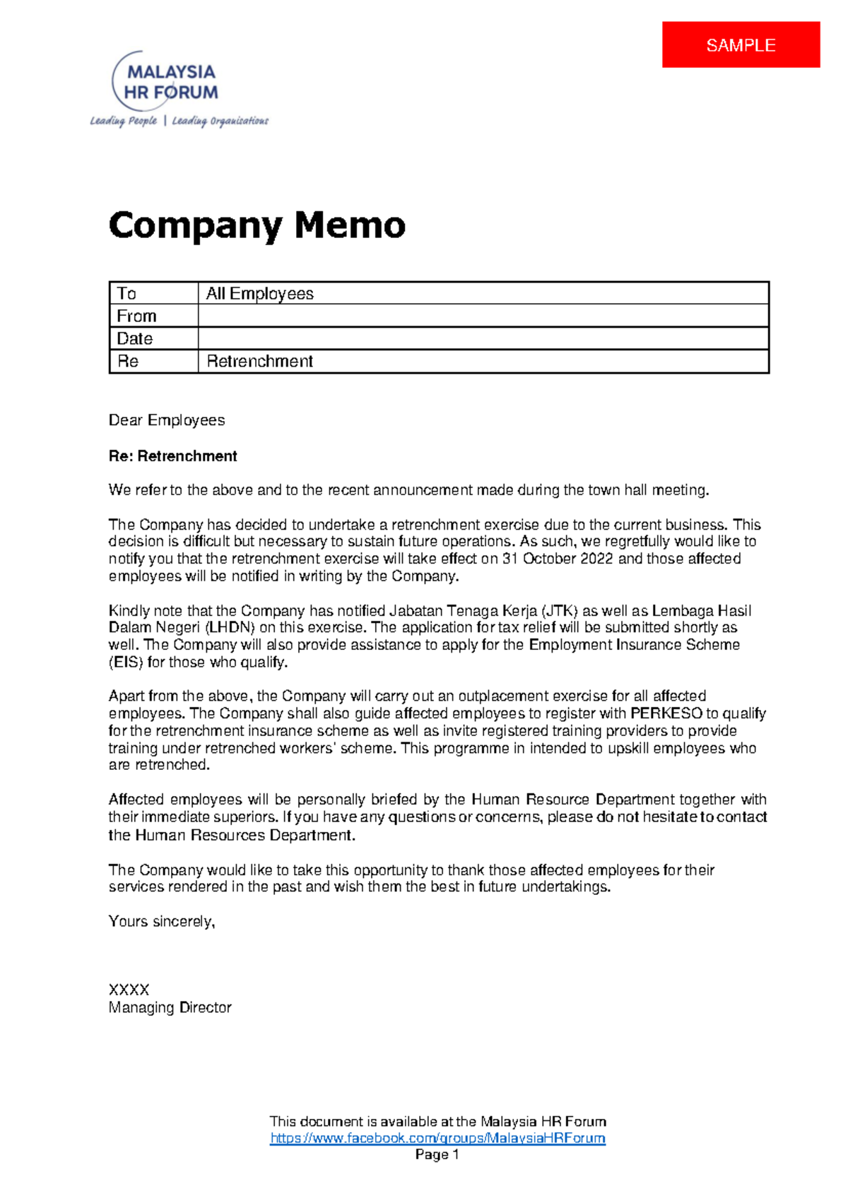 Revised Memo - Retrenchment Notification for Employees - Studocu