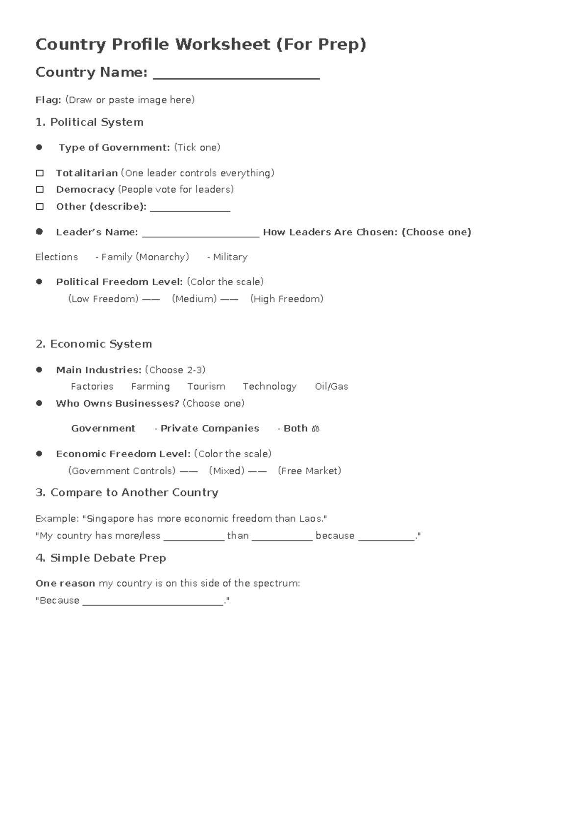Country Profile Worksheet (Prep) - Student Worksheet for Chap 3 ...