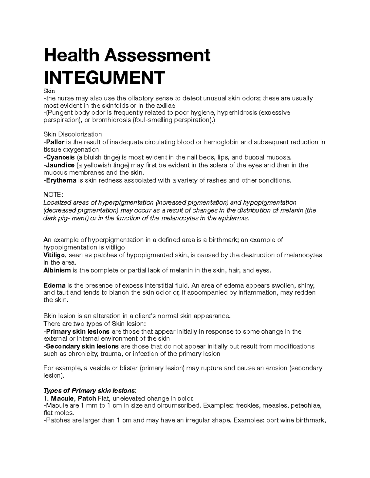 Health Assessment: Integumentary System Overview and Skin Lesions - Studocu