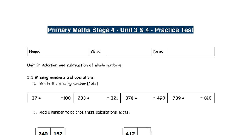 M4 Unit 3 & 4 Practice Test: Addition, Subtraction & Probability - Studocu