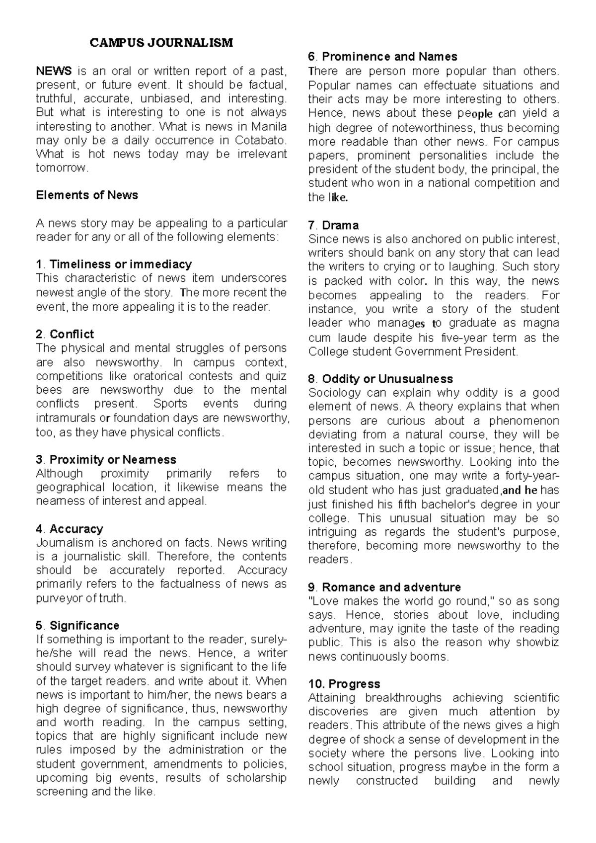 CAMPUS JOURNALISM: Key Elements and Types of News Stories - Studocu