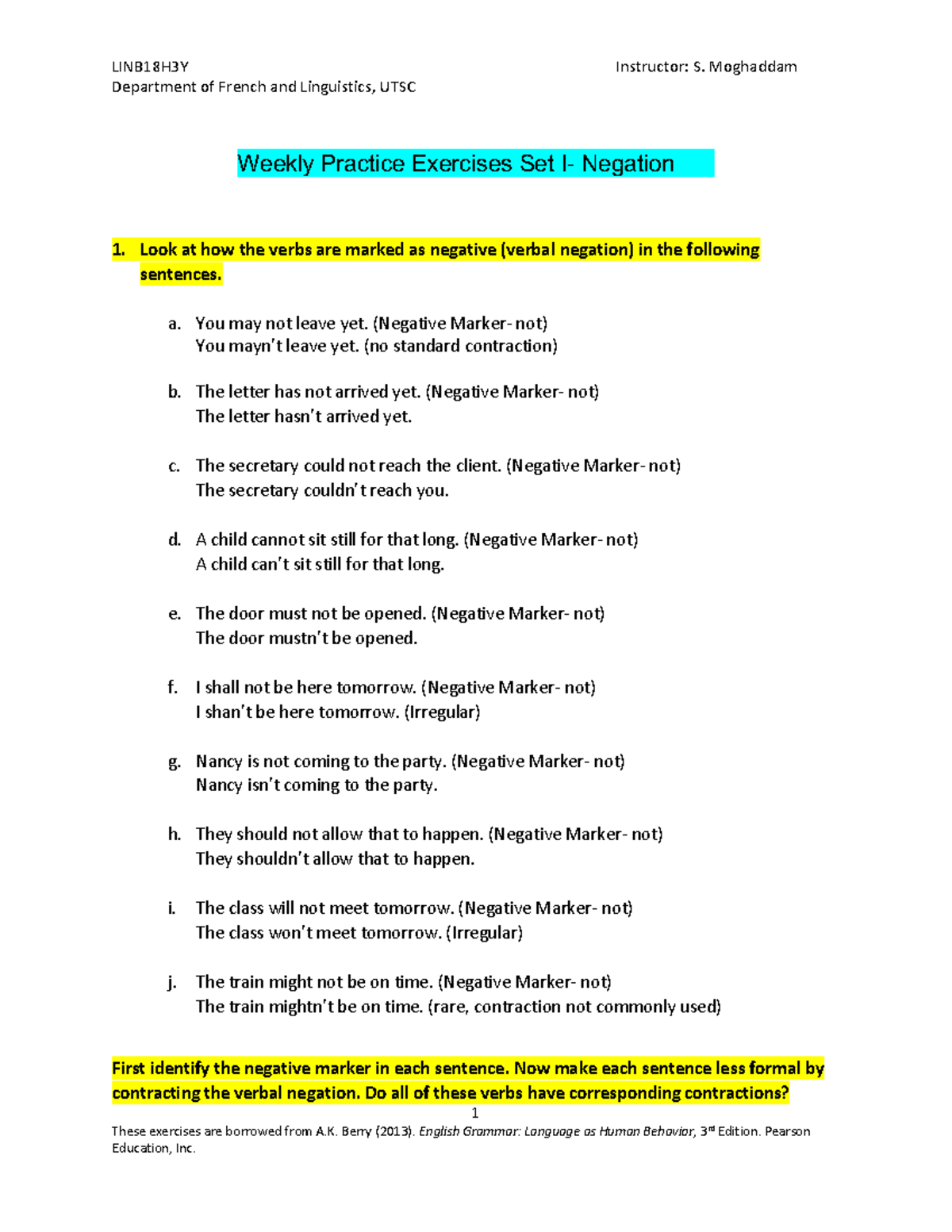 LINB18H3Y Weekly Practice Exercises: Negation Set I Answers - Studocu