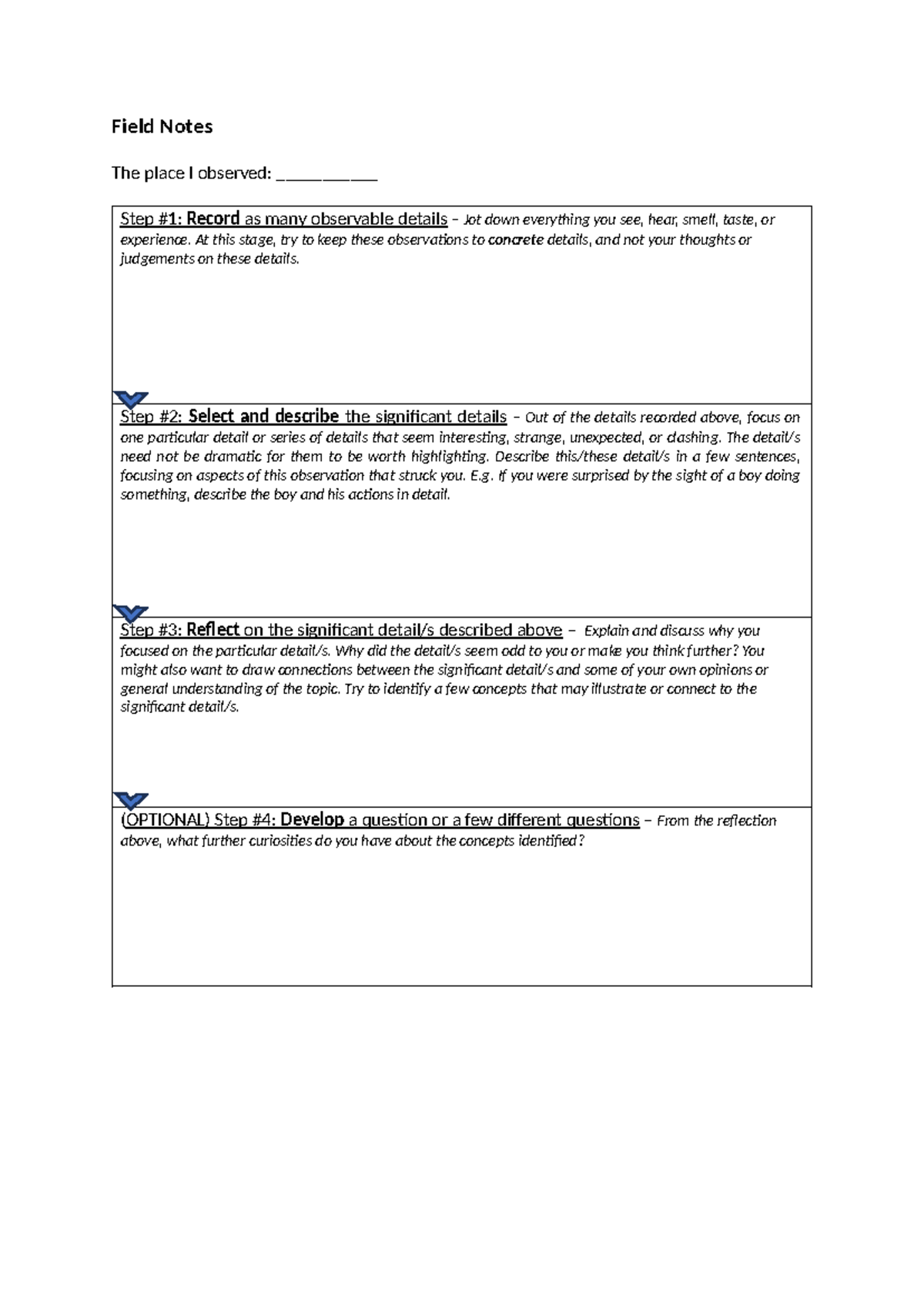 Field Notes - Observations on a Place - CC1 Template - Studocu
