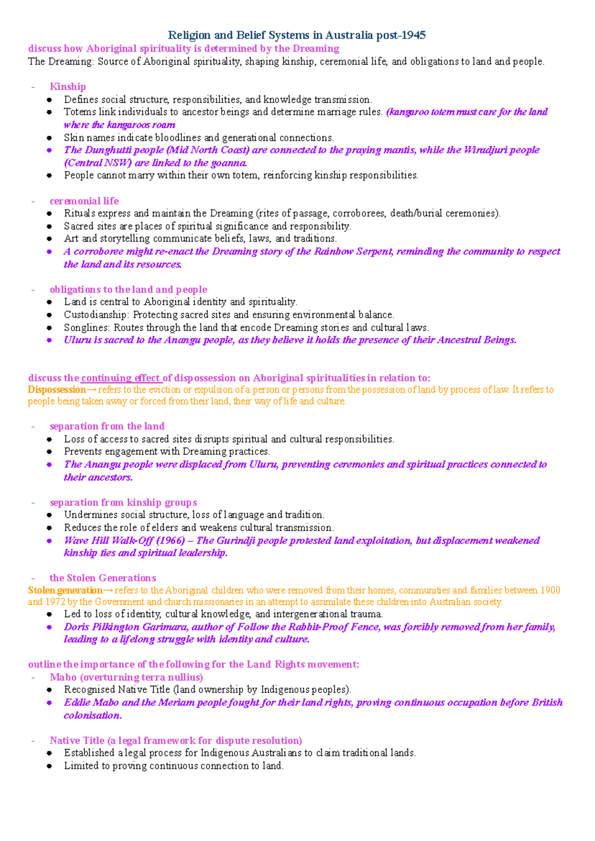Summarised Religion Notes: Aboriginal Spirituality, Land Rights ...