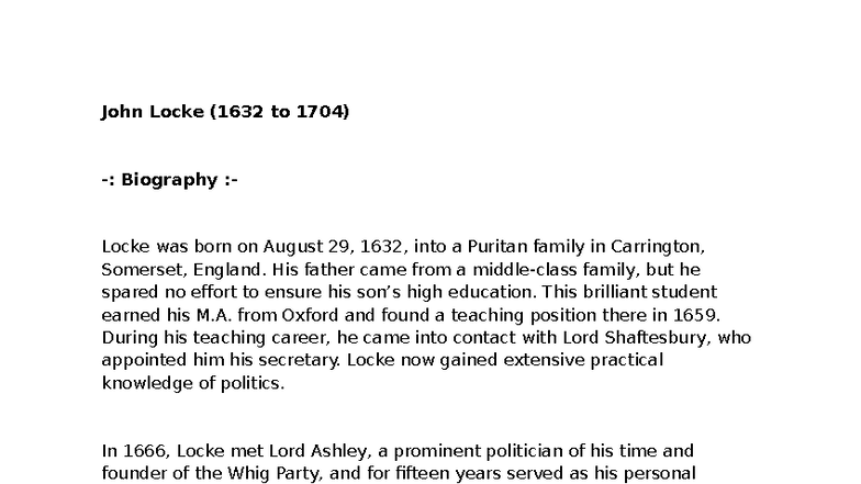 John Locke (1632-1704) - WPT Notes on His Life and Philosophy - Studocu
